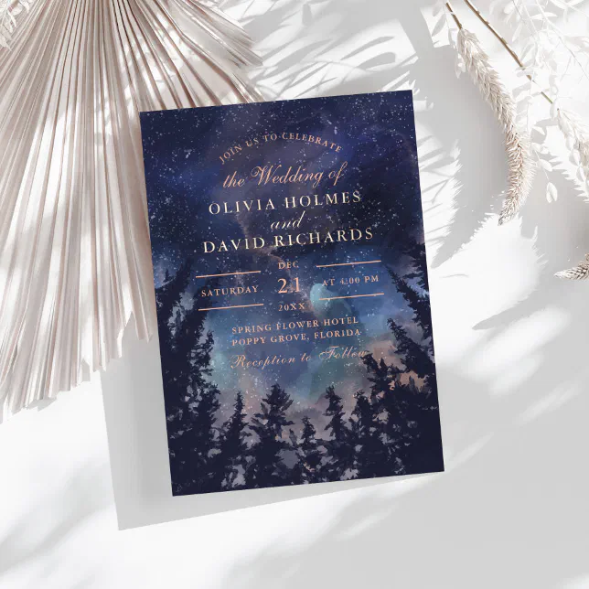 Starry Night Forest Wedding Rose Gold Foil Invitation | Zazzle