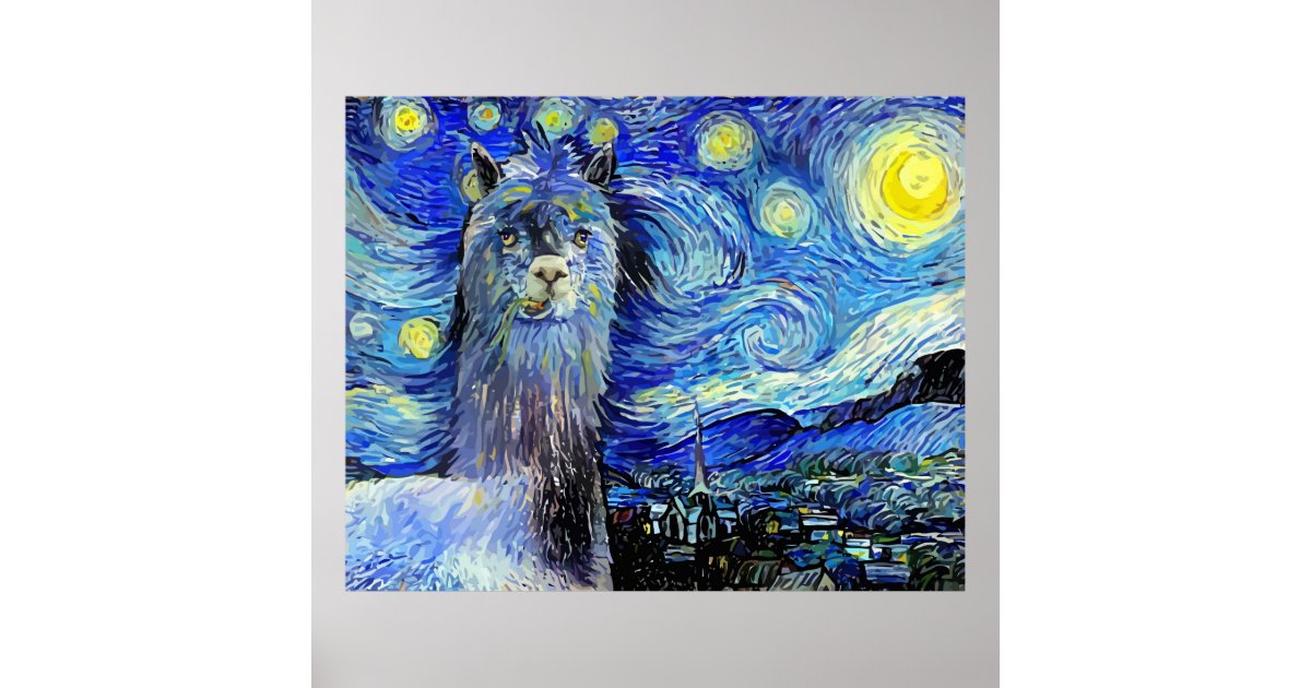 Starry Night Funny Alpaca Landscape Parody Poster | Zazzle
