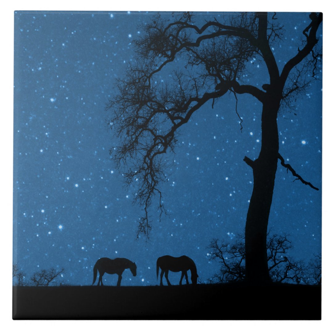 Starry Night Horses and Oak Tree Art Ceramic Tile | Zazzle