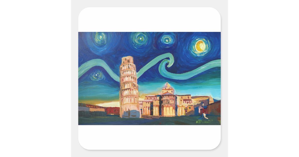 Starry Night in Pisa with Leaning Tower Square Sticker | Zazzle