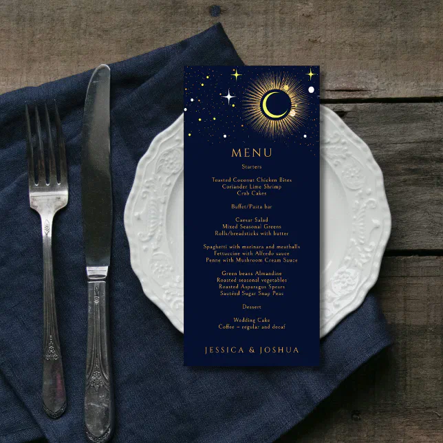 Starry Night Navy Blue Celestial Galaxy Wedding Menu | Zazzle