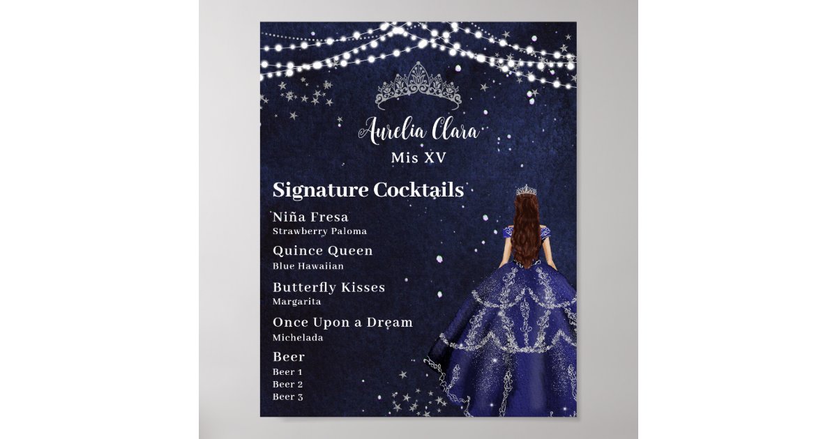 Starry Night Navy Blue Quinceanera Bar Drink Menu Poster | Zazzle