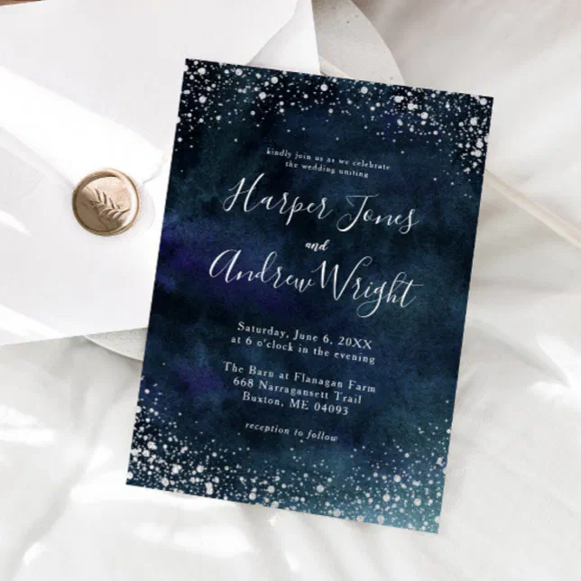 Starry Night Navy Blue Silver Glitter Wedding Invitation | Zazzle