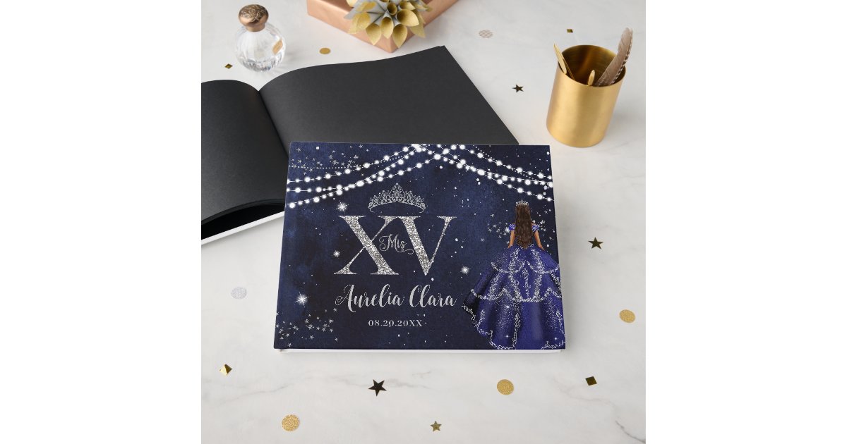 Starry Night Navy Blue Silver XV 15 Quinceanera Guest Book | Zazzle