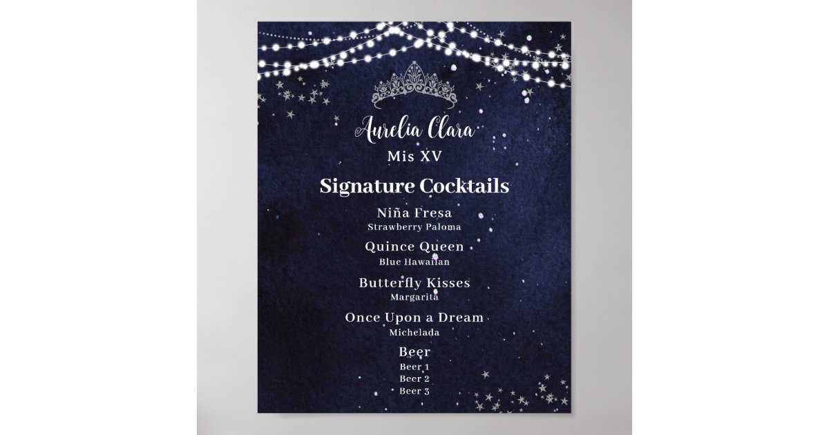 Starry Night Quinceanera Sweet 16 Bar Drink Menu Poster | Zazzle