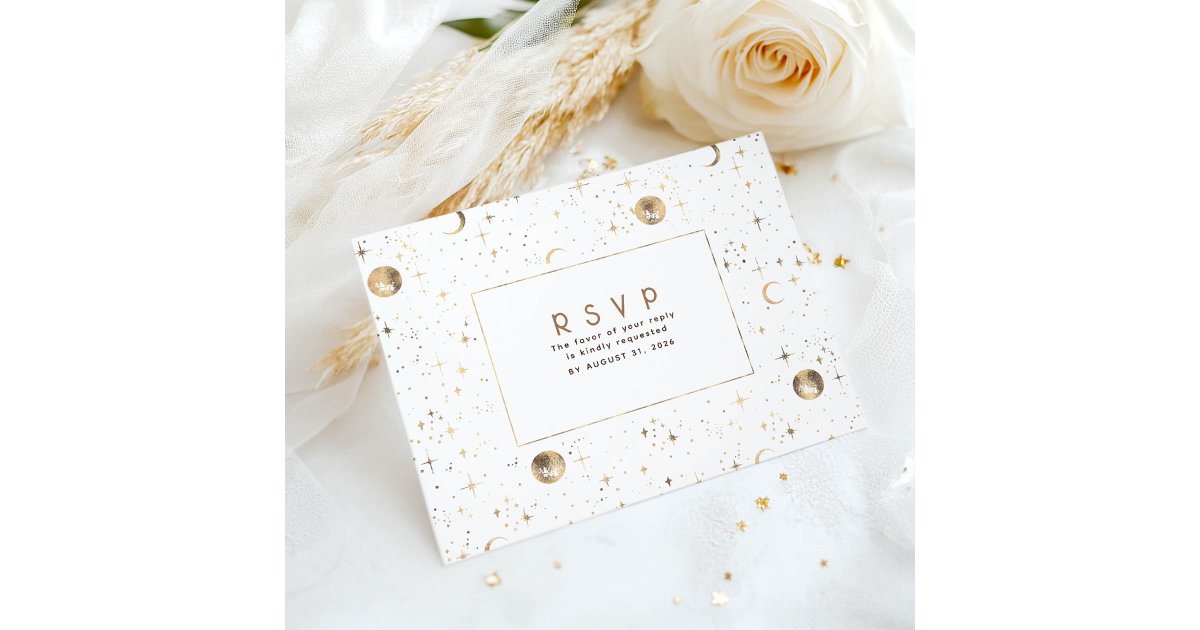 Starry Night White and Gold Wedding RSVP Postcard | Zazzle