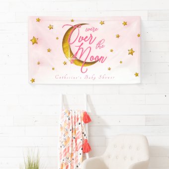 Starry Over The Moon Pink Gold Baby Girl Shower Banner | Zazzle