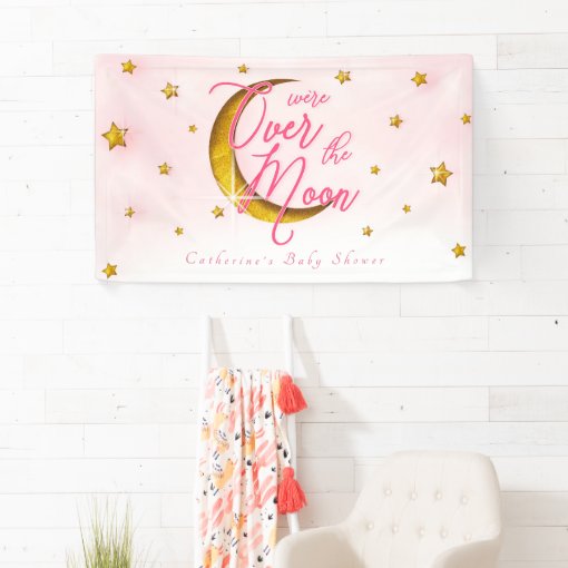 Starry Over The Moon Pink Gold Baby Girl Shower Banner | Zazzle