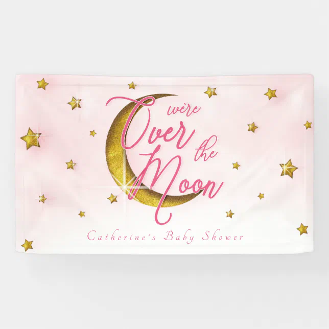 Starry Over The Moon Pink Gold Baby Girl Shower Banner | Zazzle