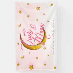 Starry Over The Moon Pink Gold Baby Girl Shower Banner | Zazzle