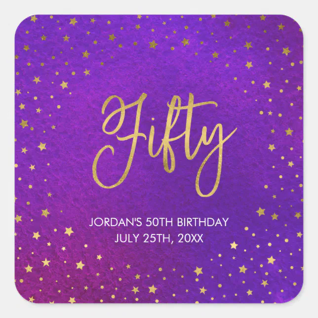 Starry Purple Watercolor 50th Birthday Square Sticker | Zazzle