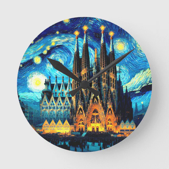 Starry Sagrada Familia Barcelona Round Clock | Zazzle