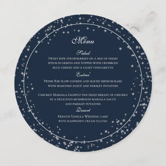 Starry Sky Navy Blue Round Menu | Zazzle