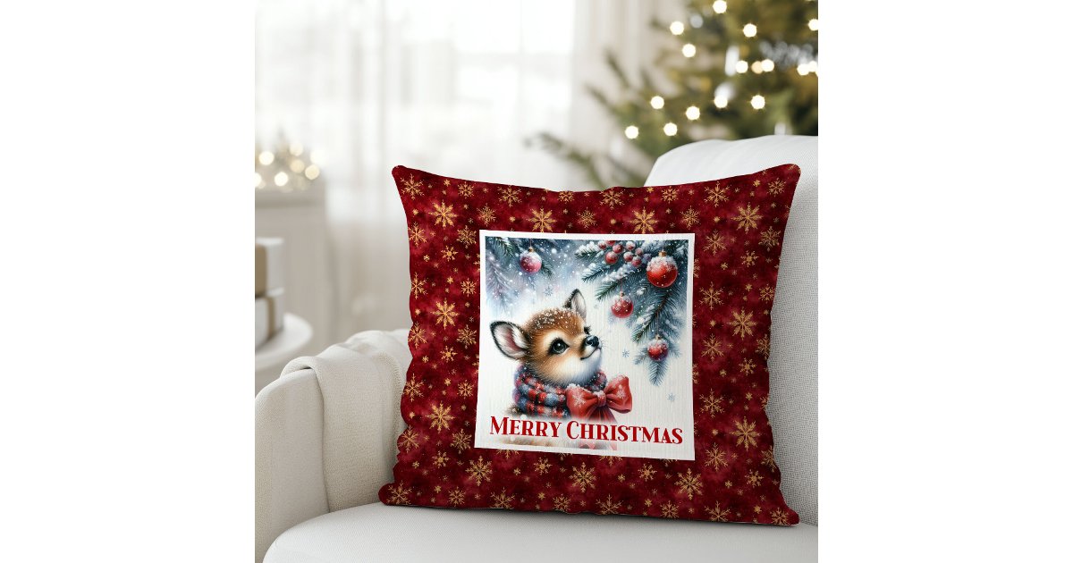 Starry snowy scene baby fawn winter forest kids throw pillow | Zazzle