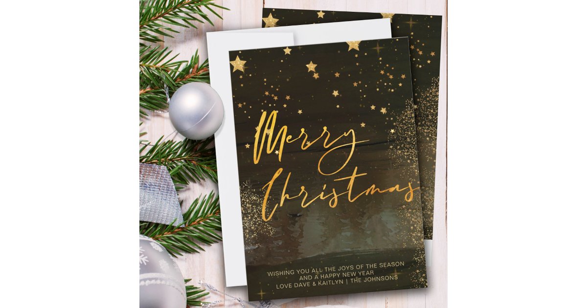 Starry Winter Night Merry Christmas Script Gold Holiday Card | Zazzle