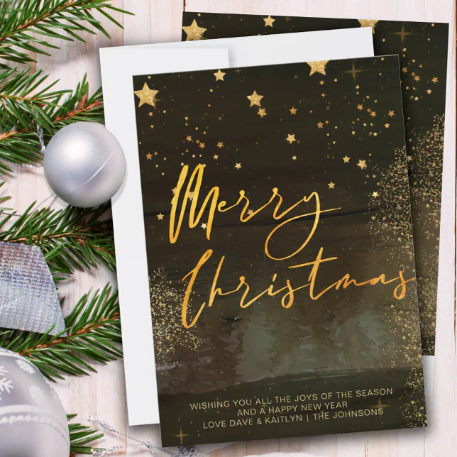 Starry Winter Night Merry Christmas Script Gold Holiday Card | Zazzle