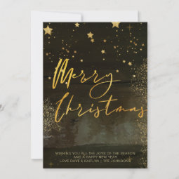 Starry Winter Night Merry Christmas Script Gold Holiday Card | Zazzle