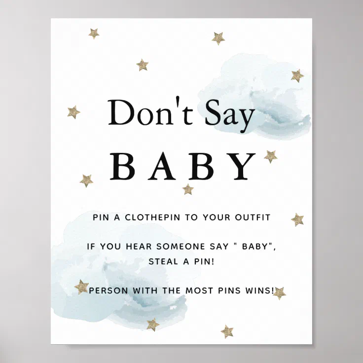 Stars & Blue Clouds Baby Shower Don't Say Baby Poster | Zazzle