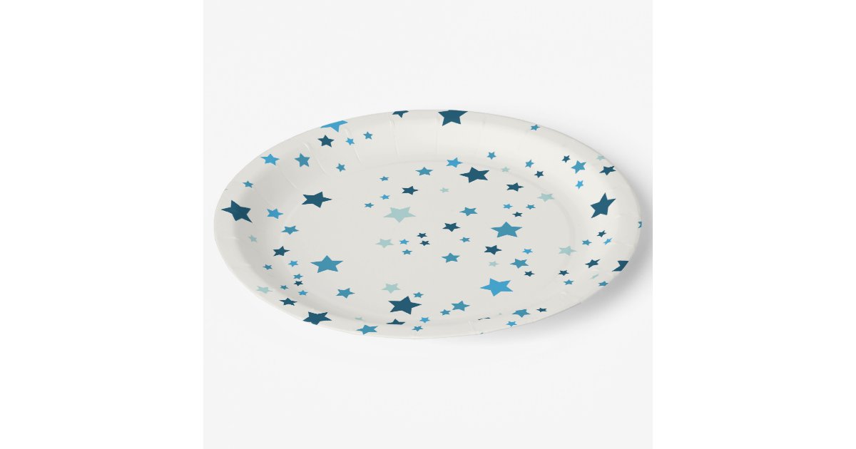 Stars in multiple shades of blue on white paper plates | Zazzle