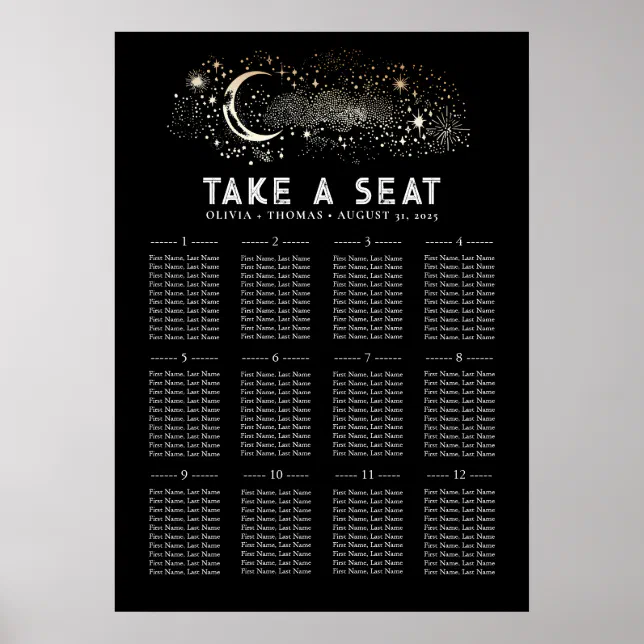 Stars Moon Celestial Black Wedding Seating Chart | Zazzle