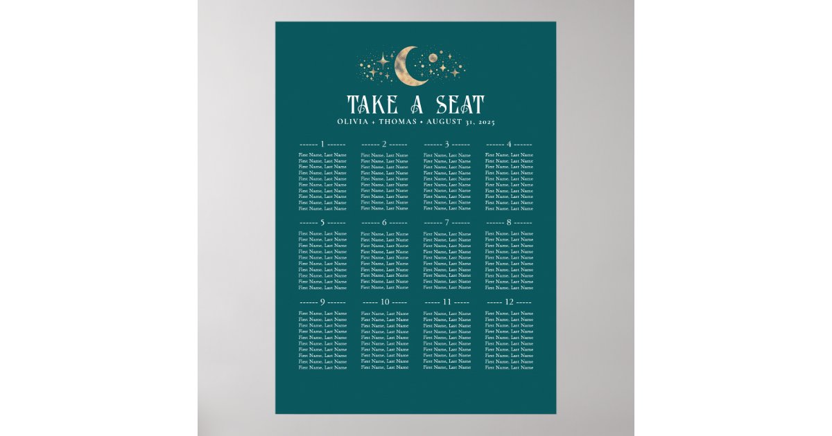 Stars Moon Celestial Teal Wedding Seating Chart | Zazzle