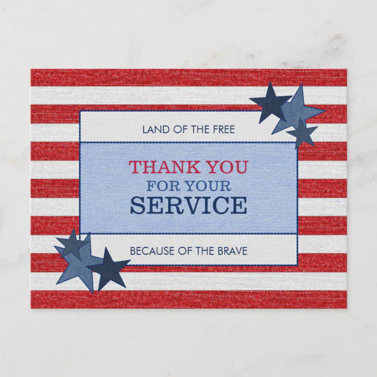 Stars Stripes Denim Patriotic Veteran Thank You Postcard | Zazzle