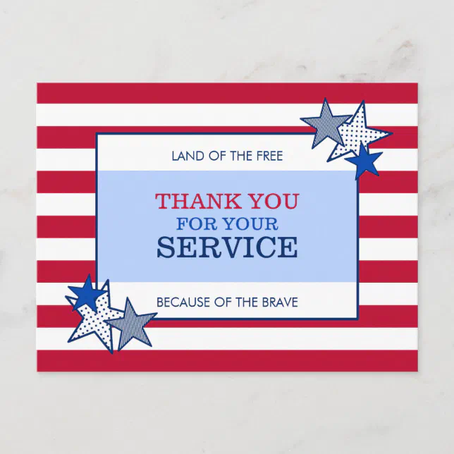 Stars Stripes Patriotic Veteran Service Thank You Postcard | Zazzle