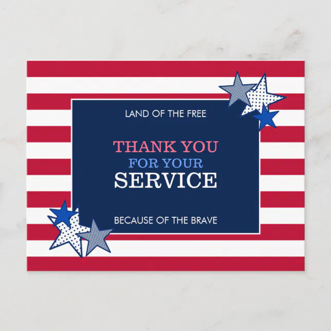 Stars Stripes Patriotic Veteran Service Thank You Postcard | Zazzle