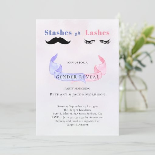 Stashes or Lashes Gender Reveal Baby Shower Invitation | Zazzle