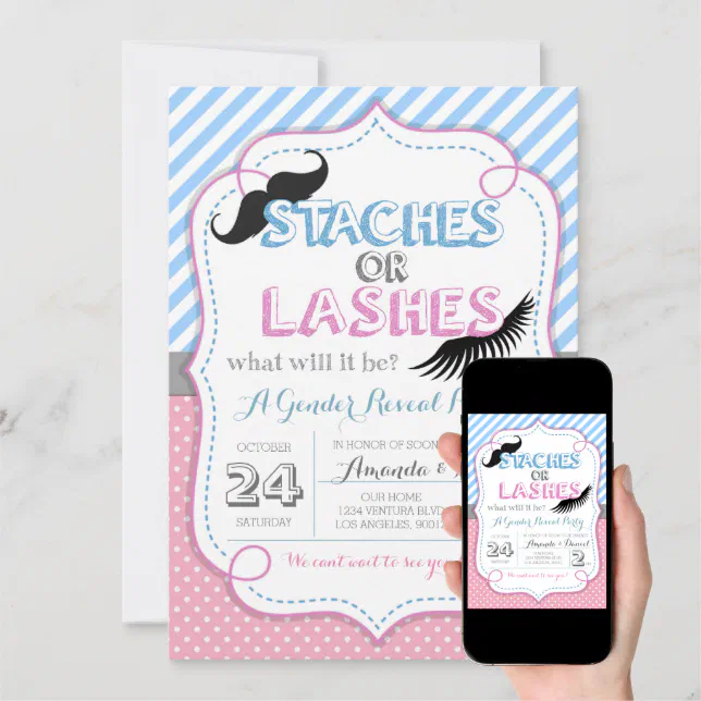 Stashes or Lashes Gender Reveal Invitation | Zazzle