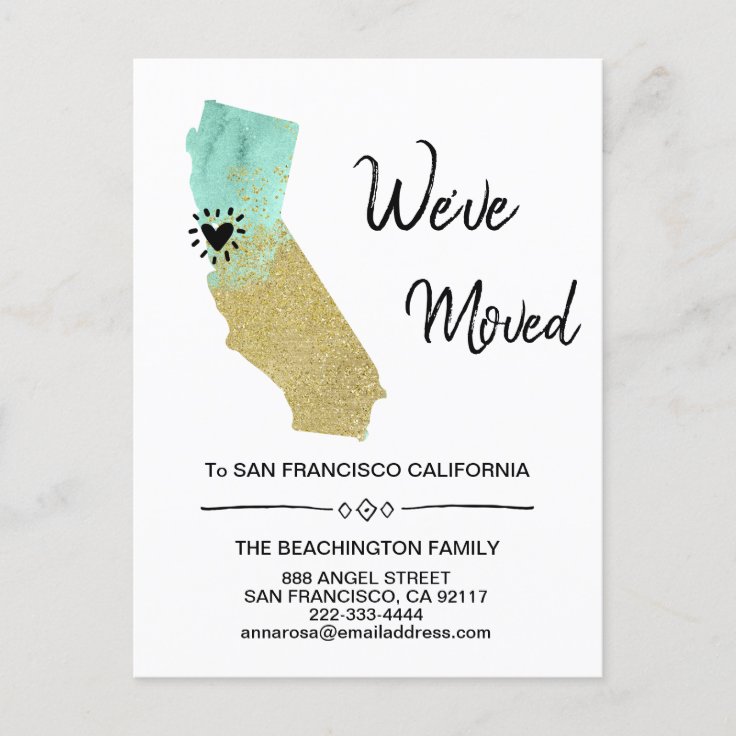 STATE California Glitter Mint Moving Announcement Postcard | Zazzle