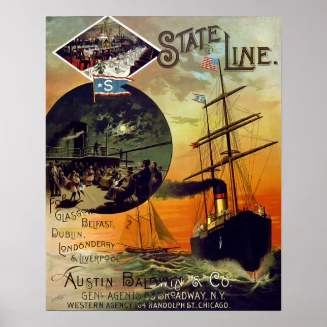 State Line Vintage Cruise Ship Travel Art Poster | Zazzle