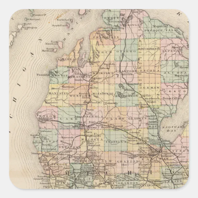State of Michigan Atlas Map Square Sticker | Zazzle