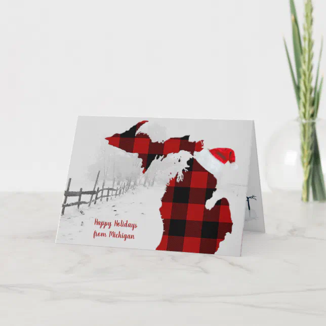 state of Michigan with buffalo plaid and Santa cap Card | Zazzle