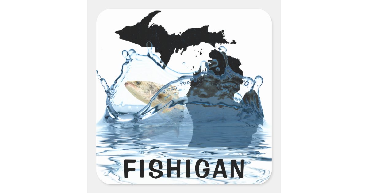 State of Michigan with fish Square Sticker | Zazzle
