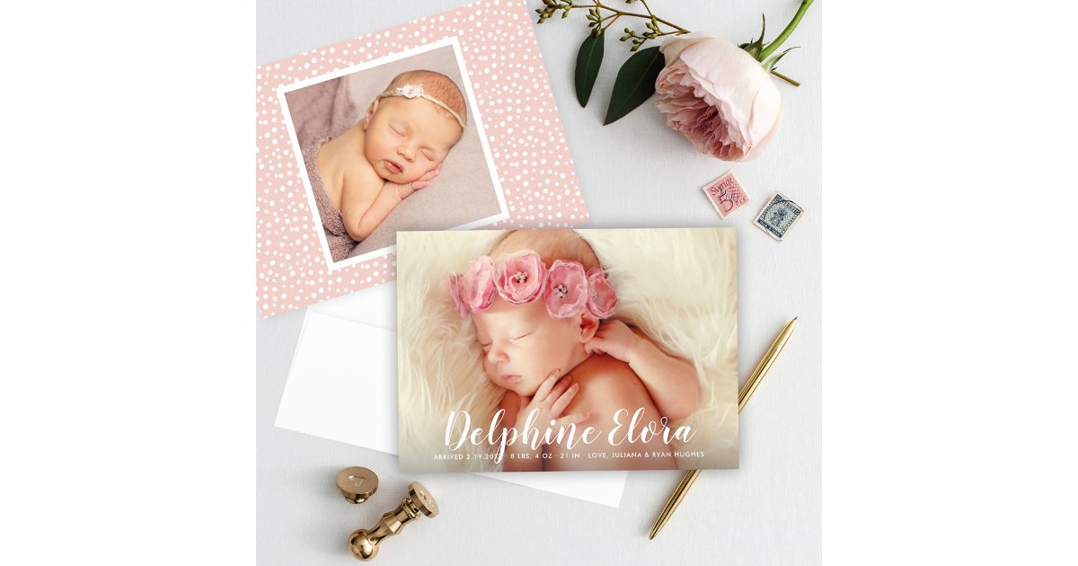 Statement Name White Script Baby Girl Photo Birth Announcement | Zazzle