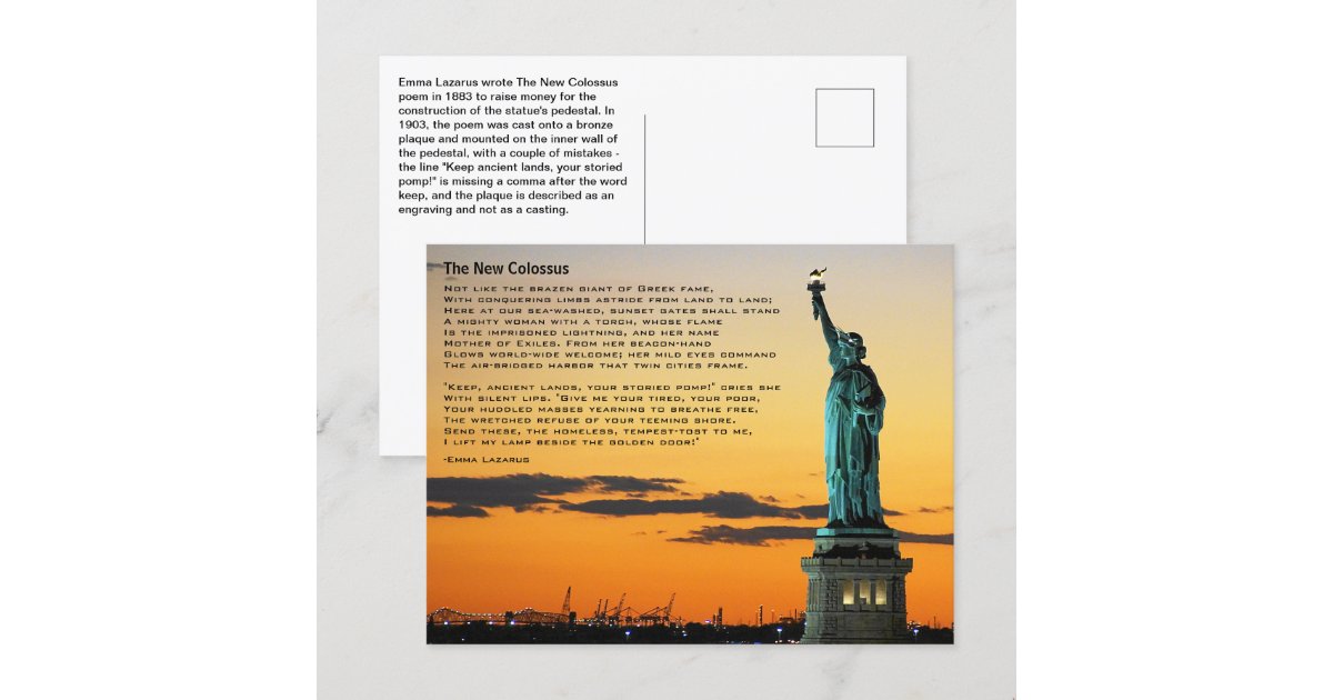 Statue of Liberty Poem, The New Colossus Postcard | Zazzle