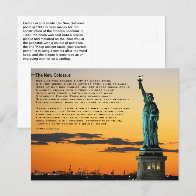 Statue of Liberty Poem, The New Colossus Postcard | Zazzle