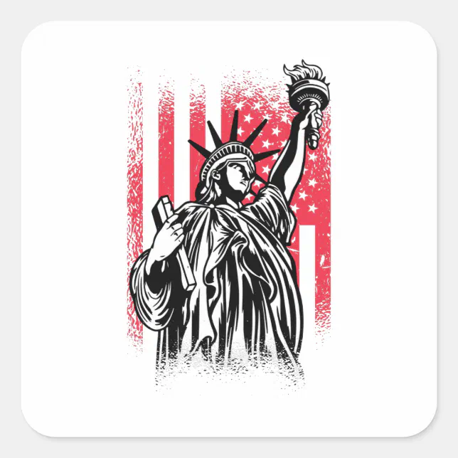 Statue Of Liberty With USA Flag Square Sticker | Zazzle