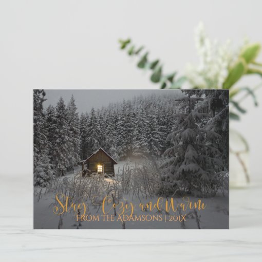 Stay Cozy And Warm Log Cabin in Snow Photo Invitation | Zazzle