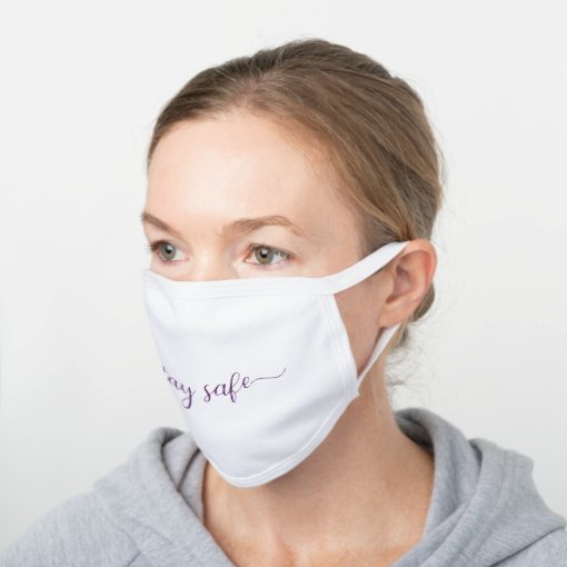 Stay Safe Purple Glitter Script White Cotton Face Mask | Zazzle