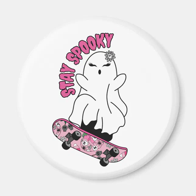 "Stay Spooky" Ghost on a Skateboard – Cool Pink Magnet | Zazzle
