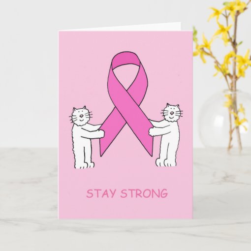 Stay Strong Pink Ribbon and Cartoon White Cats Card | Zazzle