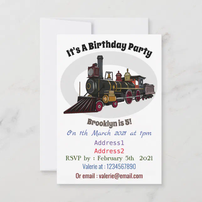 Steam locomotive cartoon illustration invitation | Zazzle