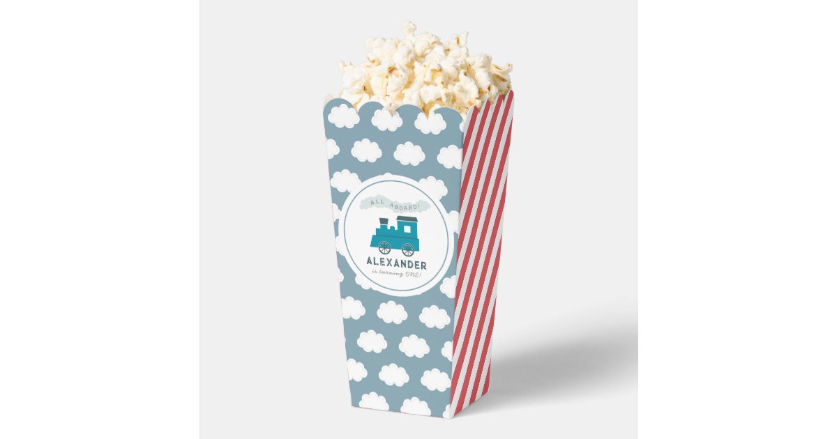 Steam Train All Aboard Blue Boy Birthday Popcorn Favor Boxes | Zazzle
