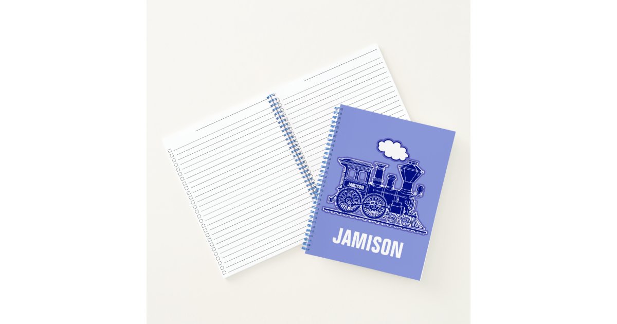 Steam train graphic in blue with custom name notebook | Zazzle
