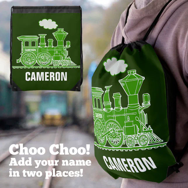 Steam train green on dark green custom name drawstring bag | Zazzle