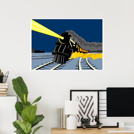 steam train locomotive traveling at night lights poster | Zazzle