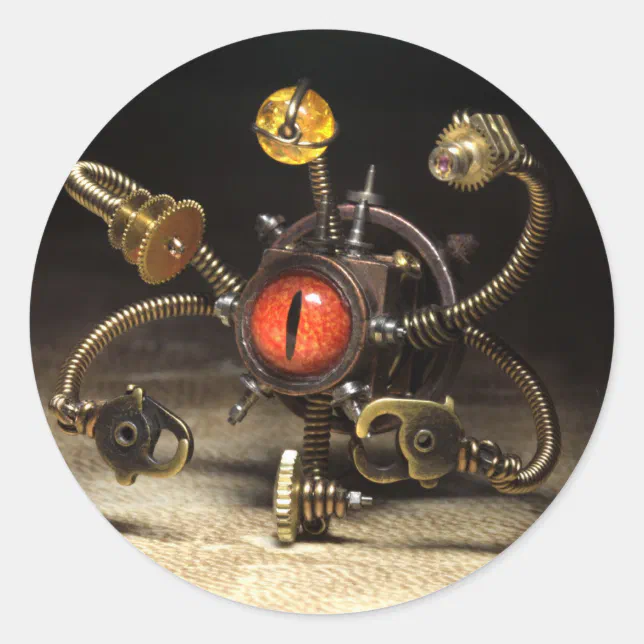 Steampunk Beholder Robot Classic Round Sticker | Zazzle