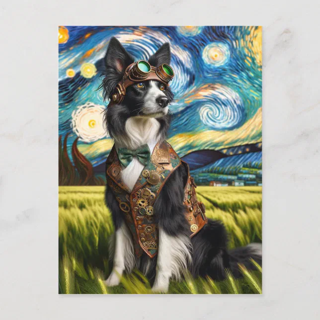 Steampunk Border Collie in the Starry Night Postcard | Zazzle